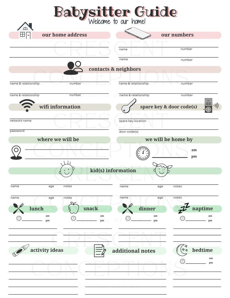 EDITABLE Babysitter Information Sheet,babysitter Guide,babysitter Notes ...