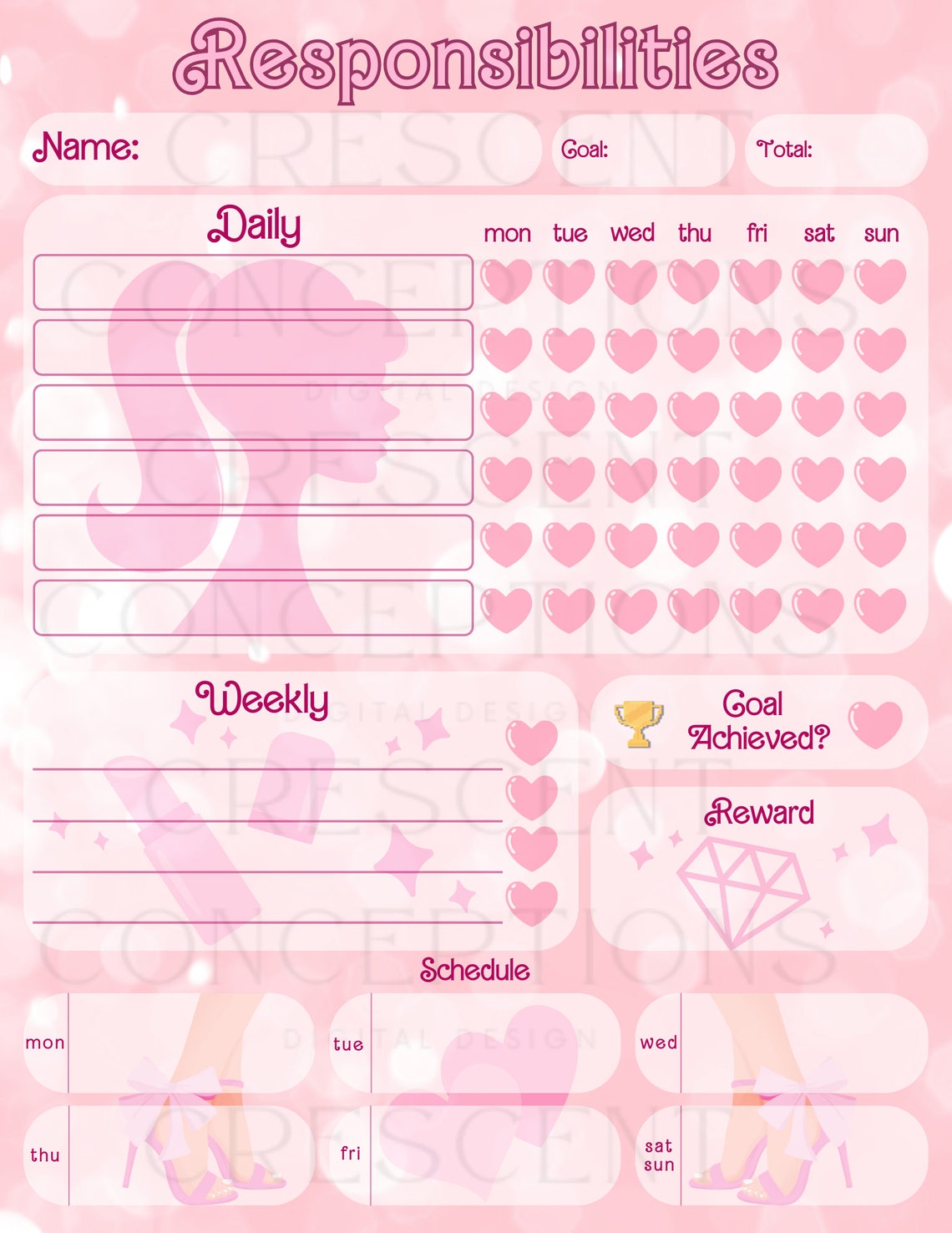 Barbie Chore Chart for Kids, Responsibility Chart for Kids, Printable ...