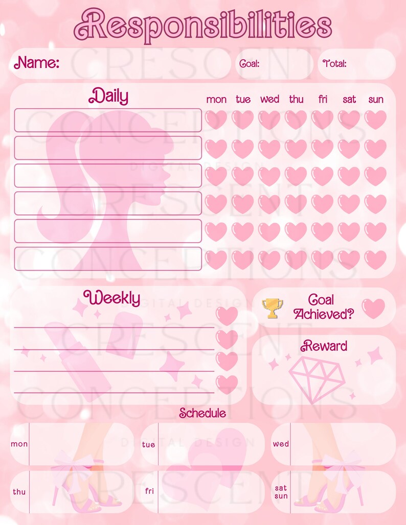 Barbie Chore Chart for Kids, Responsibility Chart for Kids, Printable ...