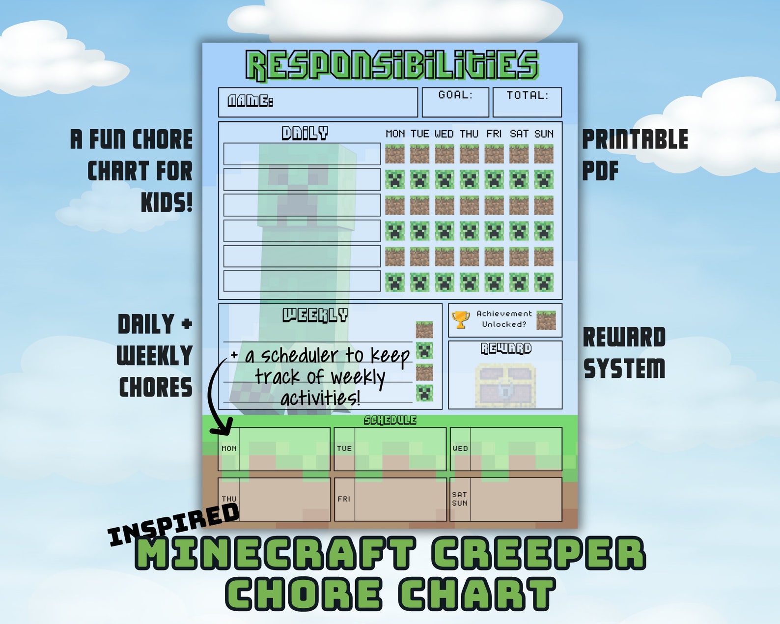 Printable MINECRAFT Chore Chart for Kids,minecraft Creeper Chore Chart ...