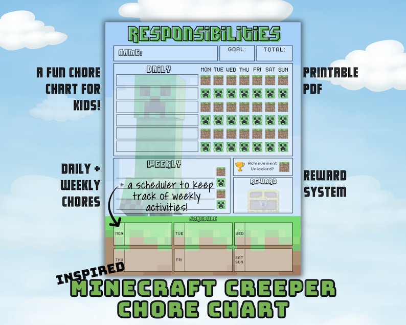 Printable MINECRAFT Chore Chart for Kids,minecraft Creeper Chore Chart ...