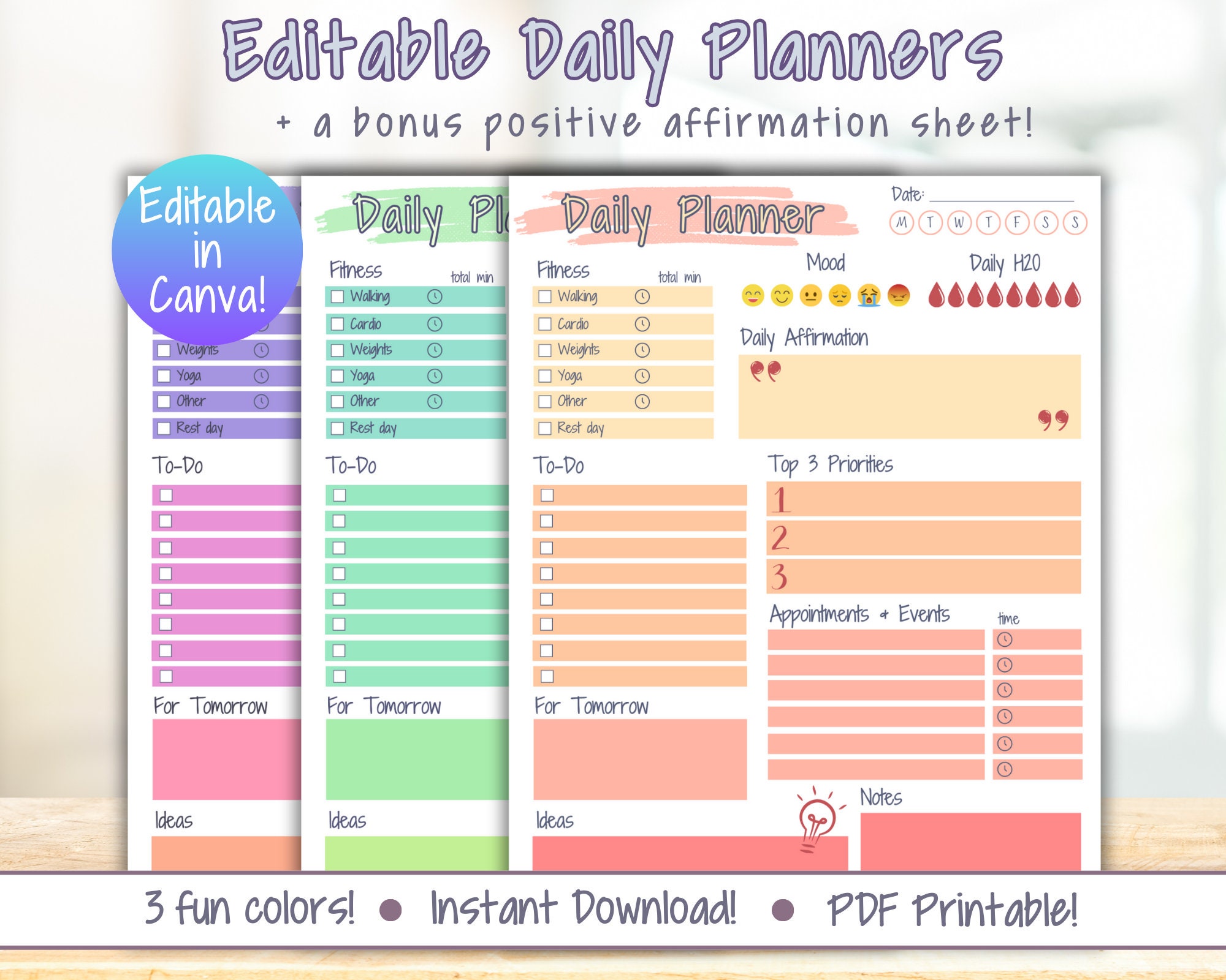EDITABLE Daily Planner, Editable Daily to Do List, Printable Daily ...