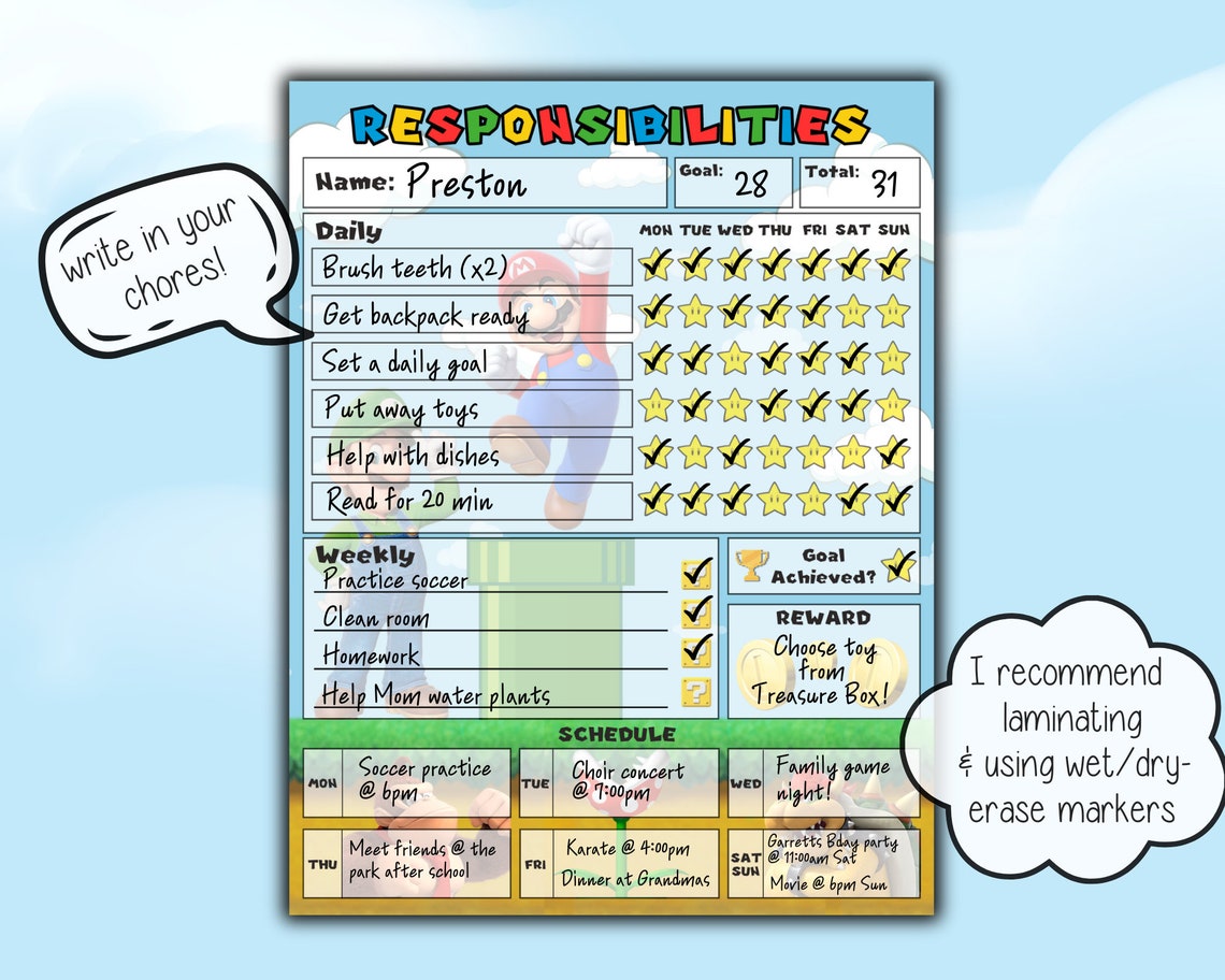 Super Mario Bros Chore Chart, Kids Reward System (digital Download) - Etsy