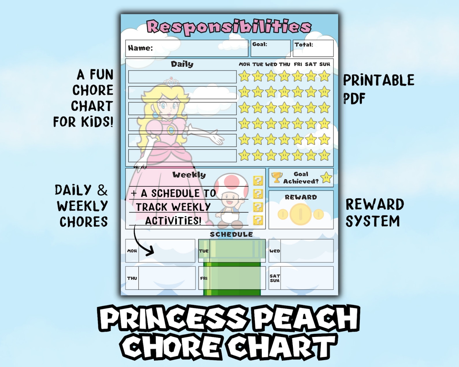 Princess Peach Chore Chart for Kids, Responsibility Chart for Kids ...