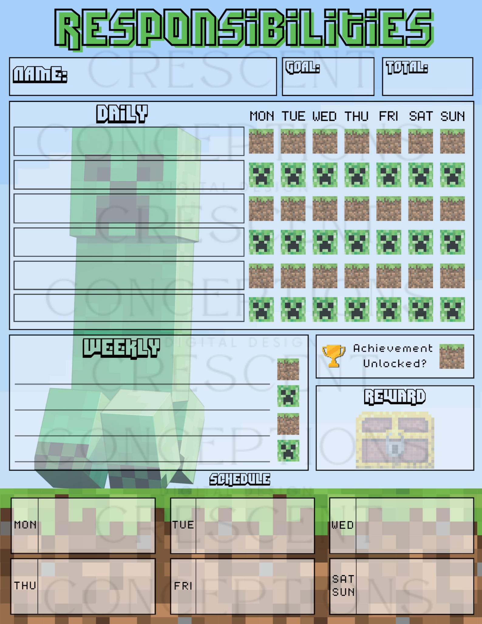 Printable MINECRAFT Chore Chart for Kids,minecraft Creeper Chore Chart ...