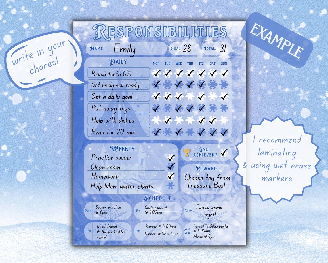 Ice Princess Chore Chart, Frozen Chore Chart for Kids, Chore Chart for ...