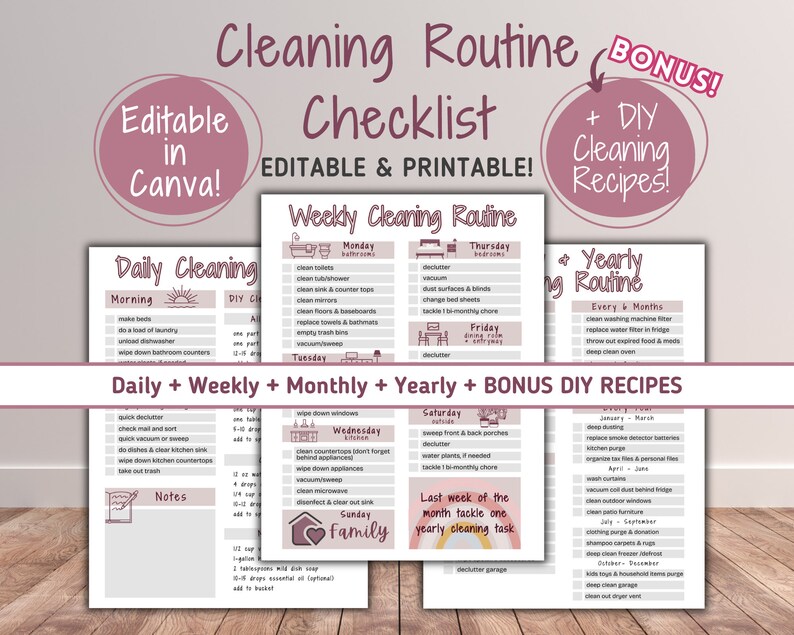 EDITABLE Cleaning Routine Checklist Template - Daily, Weekly, Monthly ...