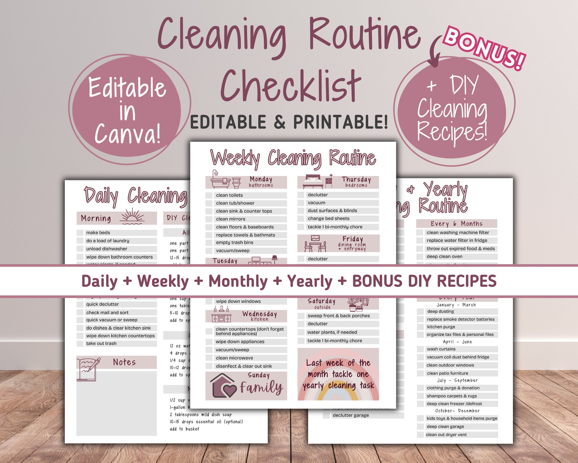 EDITABLE Cleaning Routine Checklist Template - Daily, Weekly, Monthly ...