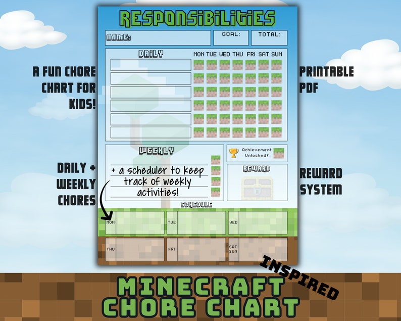 Printable MINECRAFT Chore Chart for Kids, Minecraft Responsibility ...