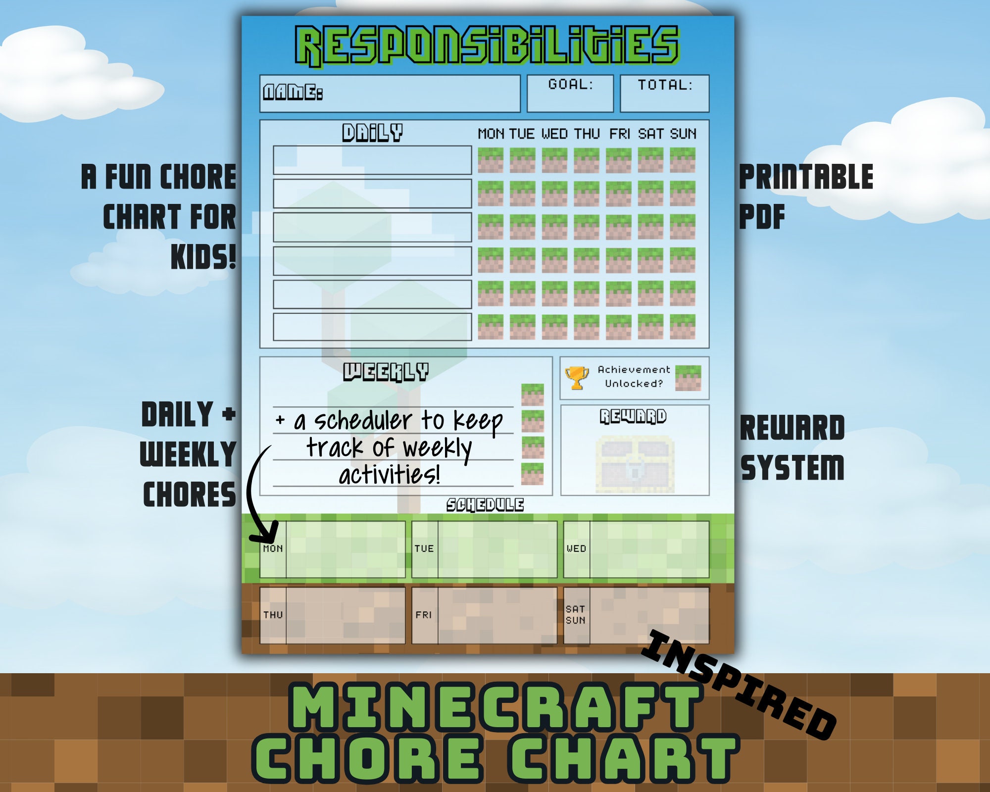 Printable MINECRAFT Chore Chart for Kids, Minecraft Responsibility ...