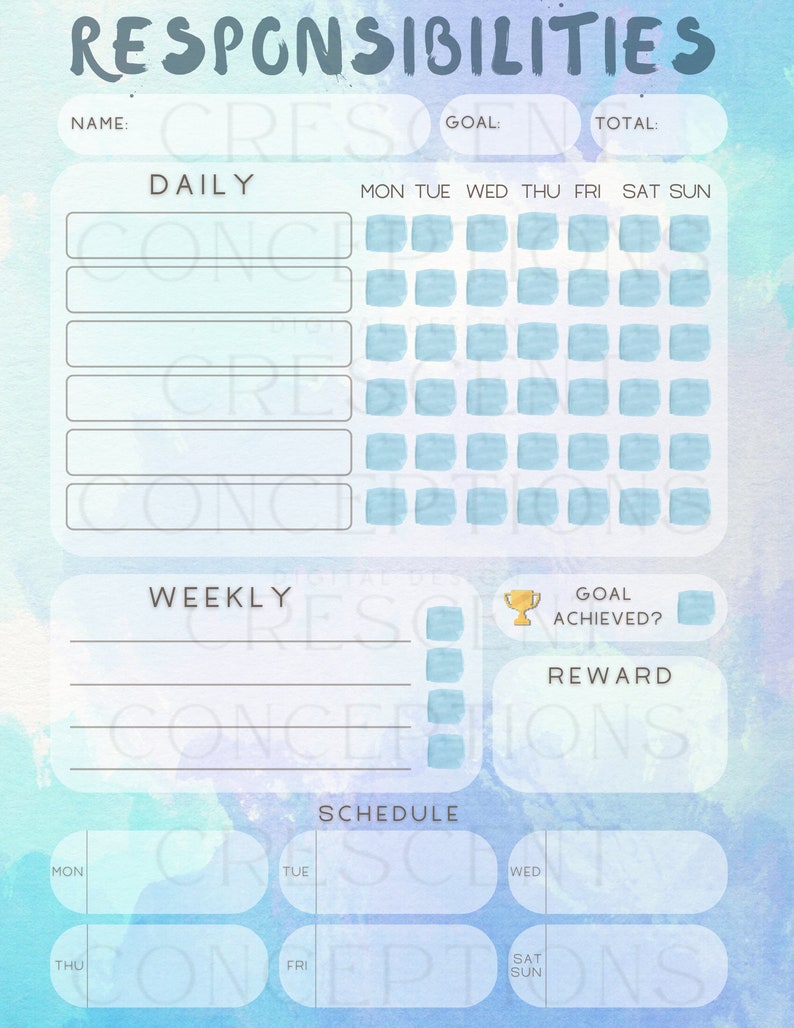 Chore Chart for Kids, Responsibility Chart for Kids Daily, Weekly, With ...