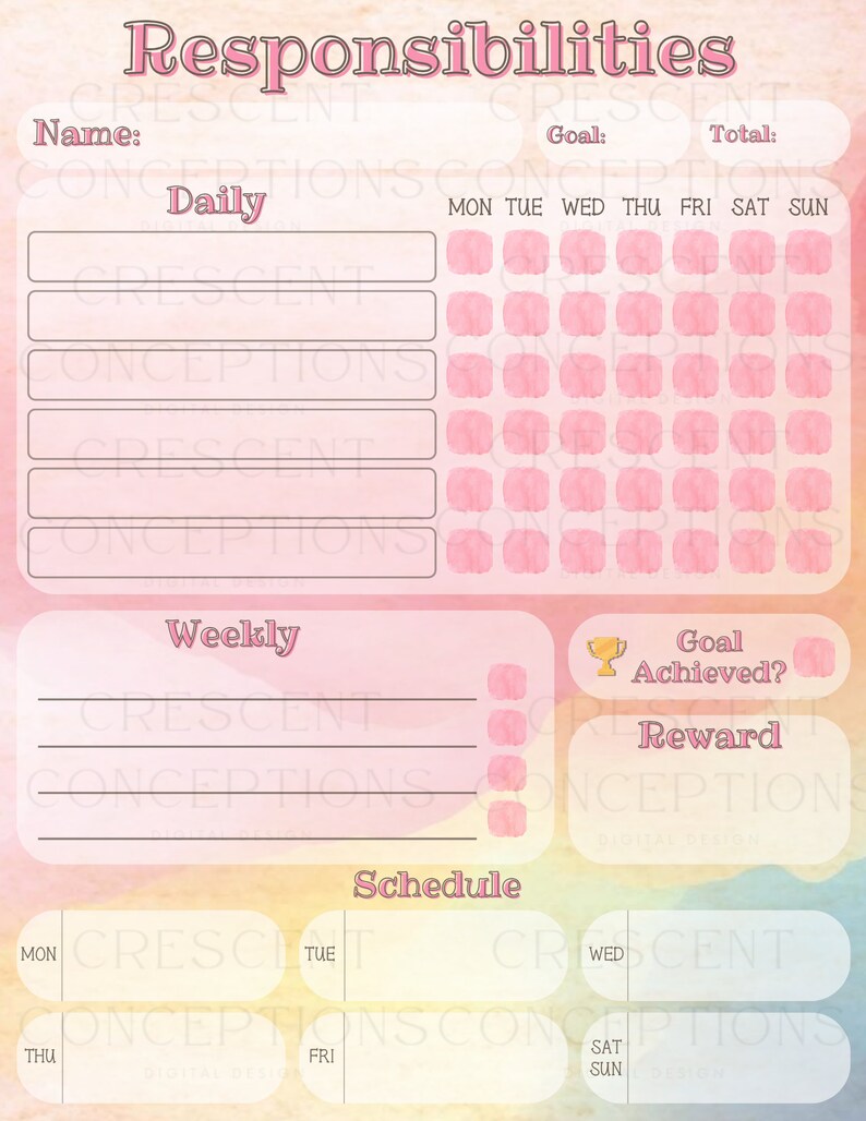Kids Chore Chart Printable, Daily & Weekly, Reward System (digital ...