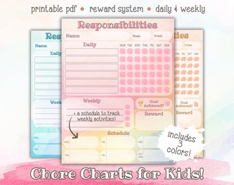 Rainbow Chore Chart for Kids Printable, Chore Chart Printable, Weekly ...