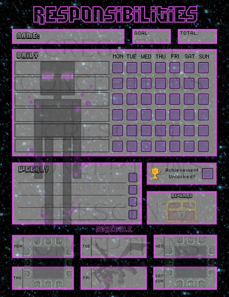 Printable MINECRAFT Chore Chart for Kids, Minecraft Responsibility ...