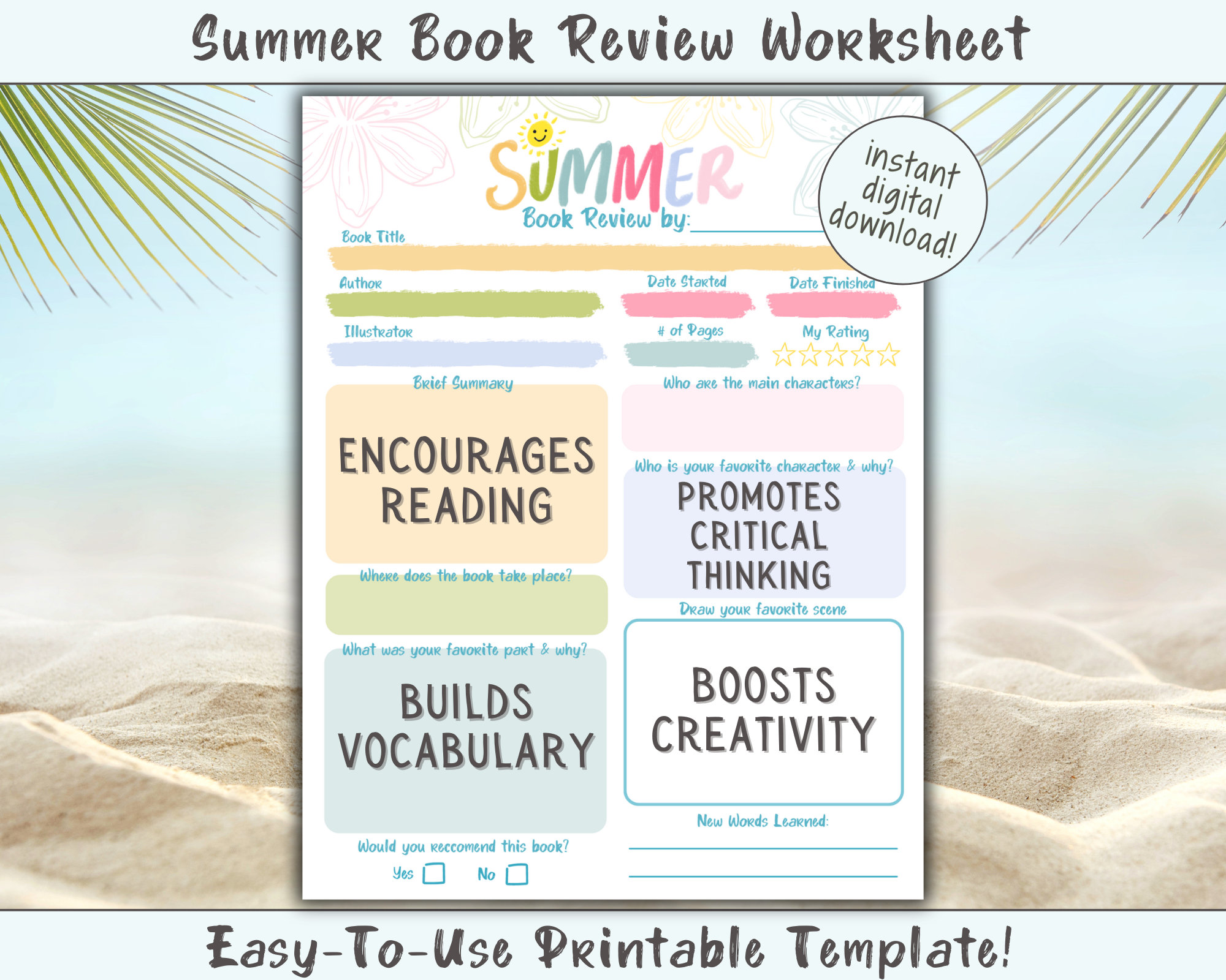 Summer Book Review Worksheet, Printable Book Report (digital Download ...
