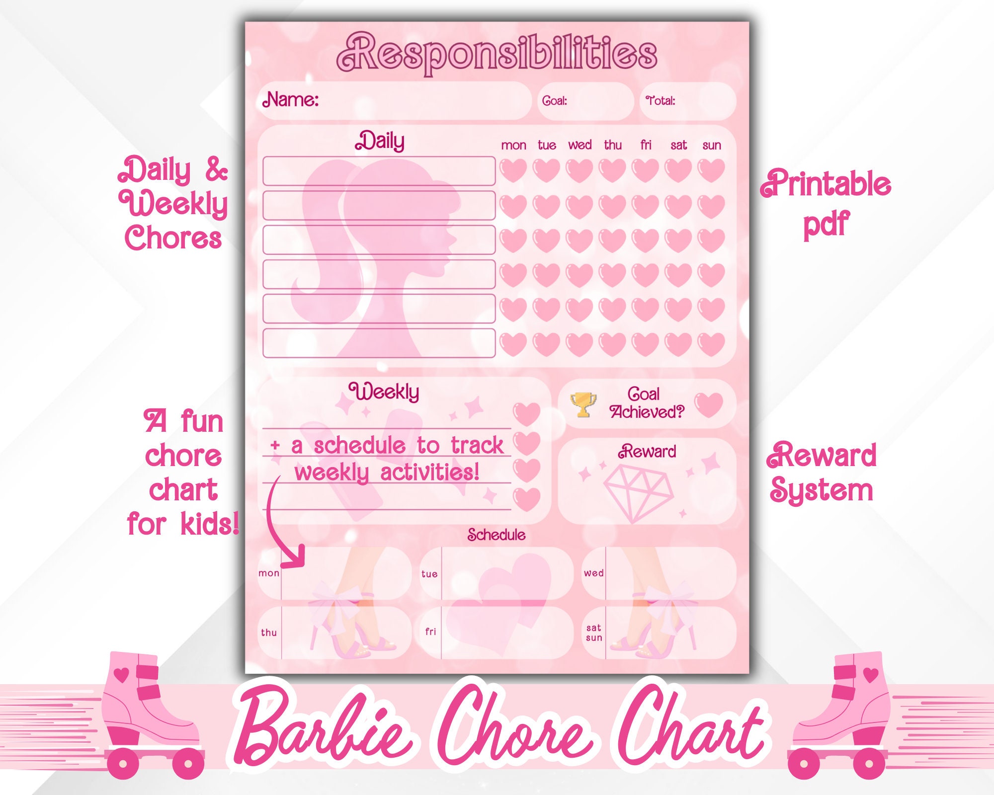 Barbie Chore Chart for Kids, Responsibility Chart for Kids, Printable ...