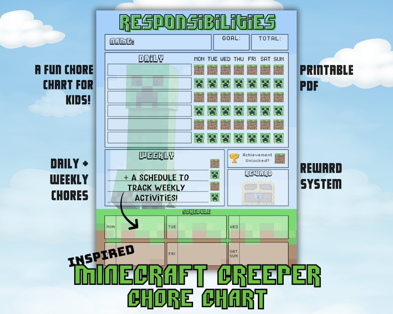 Printable MINECRAFT Chore Chart for Kids,minecraft Creeper Chore Chart ...