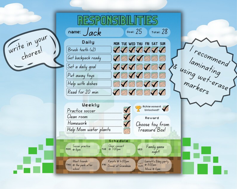 MINECRAFT inspired Chore Chart for Kids Daily, Weekly, With Reward, and ...