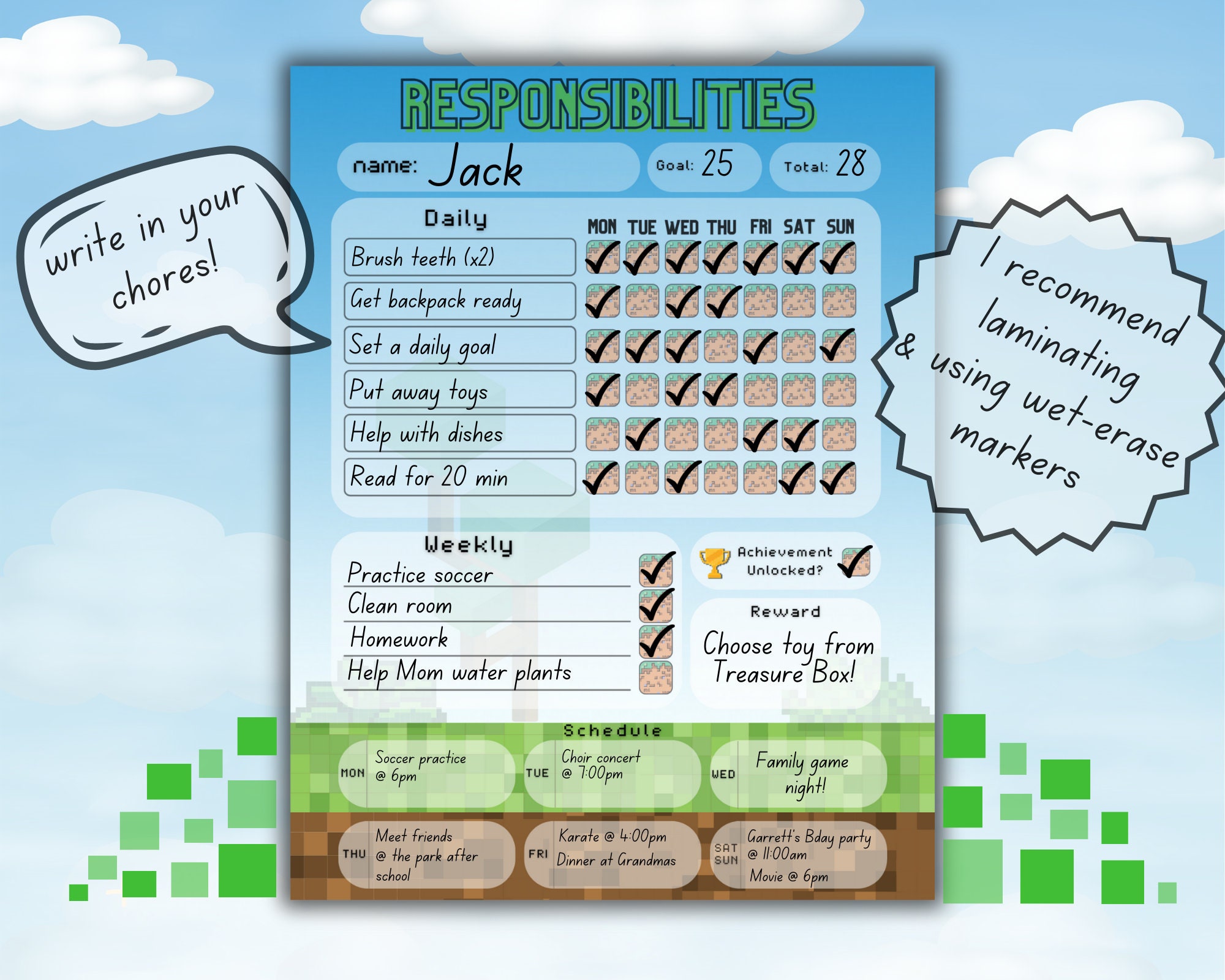 MINECRAFT inspired Chore Chart for Kids Daily, Weekly, With Reward, and ...