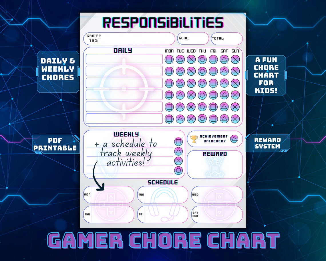 Printable Gamer Chore Chart for Kids, Responsibility Chart for Kids ...