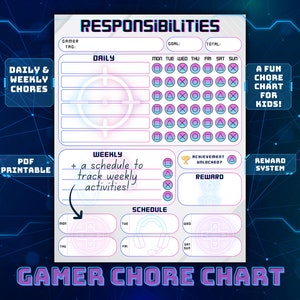 Printable Gamer Chore Chart for Kids, Responsibility Chart for Kids ...
