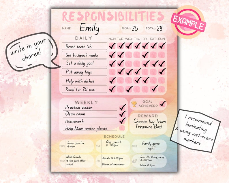 Chore Chart for Kids, Responsibility Chart for Kids Daily, Weekly, With ...