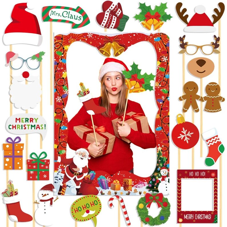 Christmas Photo Booth Props Kit Xmas Santa Snowman Photo Props With ...