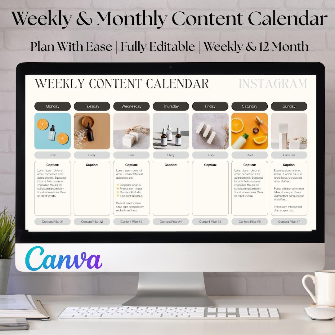 Content Calendar Template | Weekly & Monthly Planner | Canva Editable ...