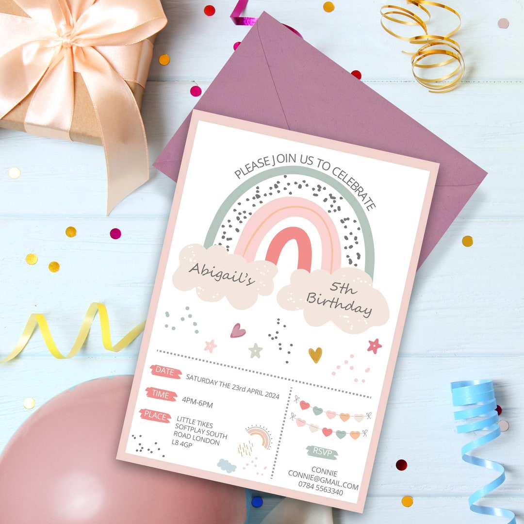Rainbow Party Invitation, Evite, Birthday Invitation Template, Editable ...