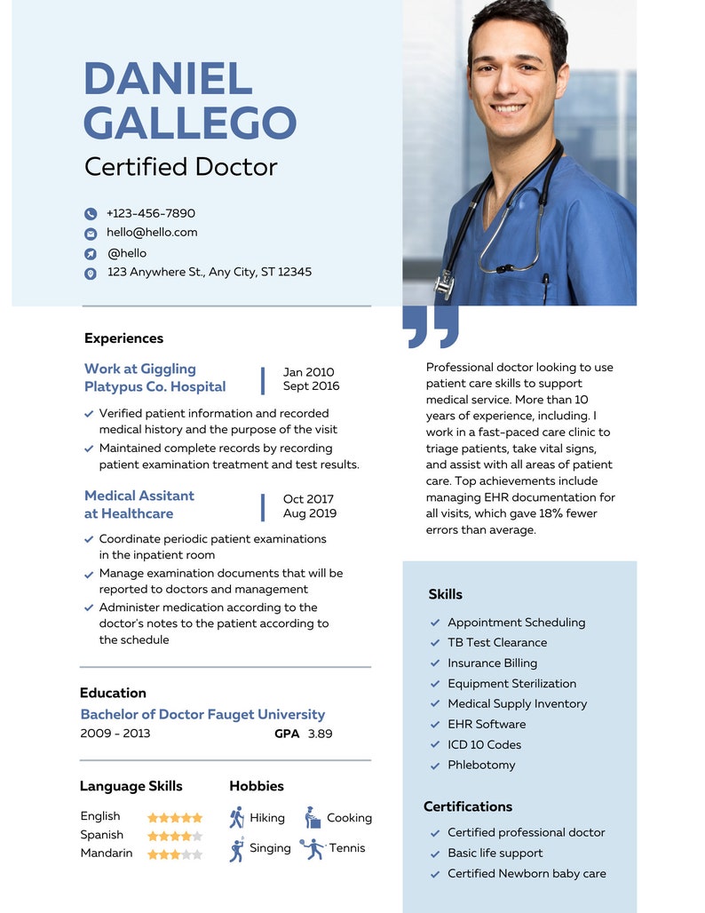 Doctor Resume Template, Professional Resume Template, Medical Resume ...