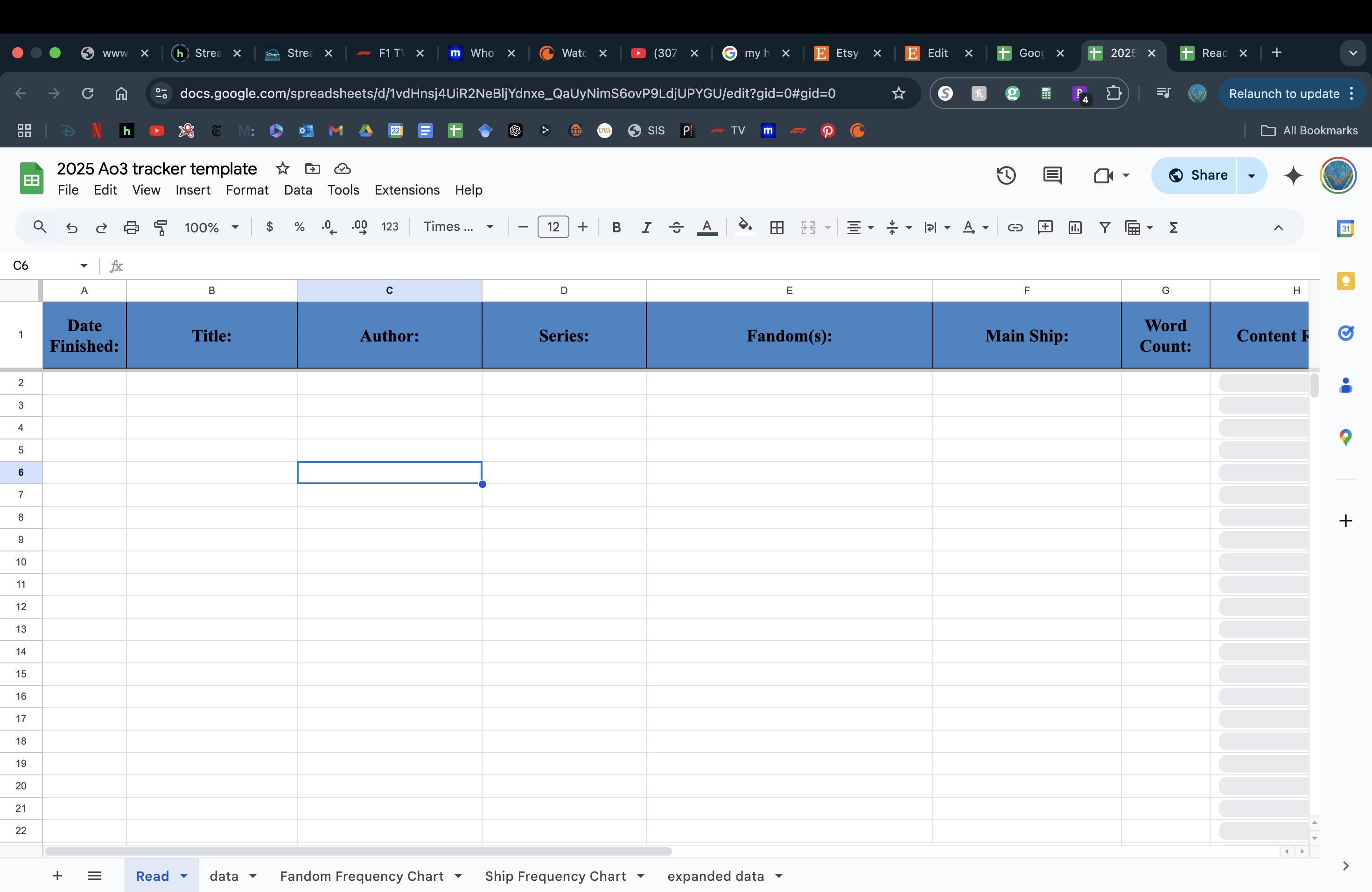 2025 AO3 Reading Tracker | Digital Fanfiction Tracker | Google Sheets ...