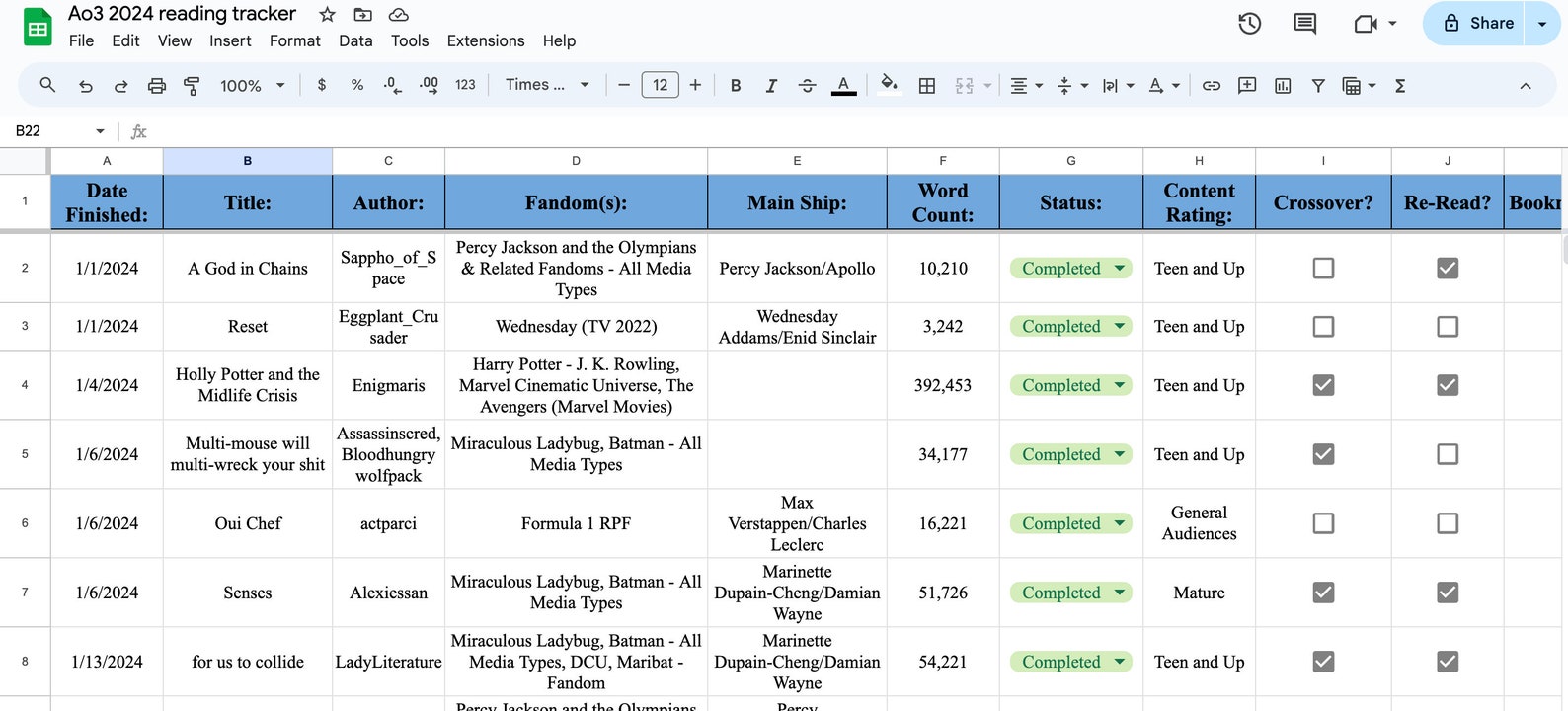 Reading Tracker Spreadsheet - Ao3 Version - Etsy UK