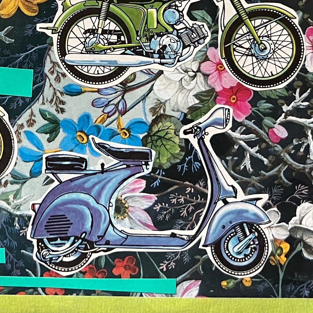 Scooter Collage Art: Retro Illustration, Mixed Media Wall Decor (11x10 ...