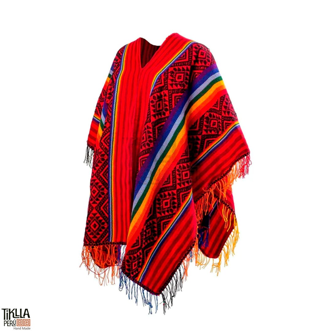 Traditional Peruvian Alpaca Wool Poncho - Red / Black / Rainbow ...