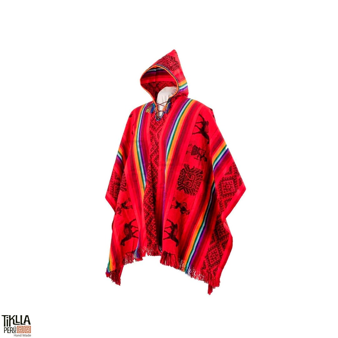 Hooded Peruvian Poncho Blue, Peruvian Traditional Wool Blend Poncho ...