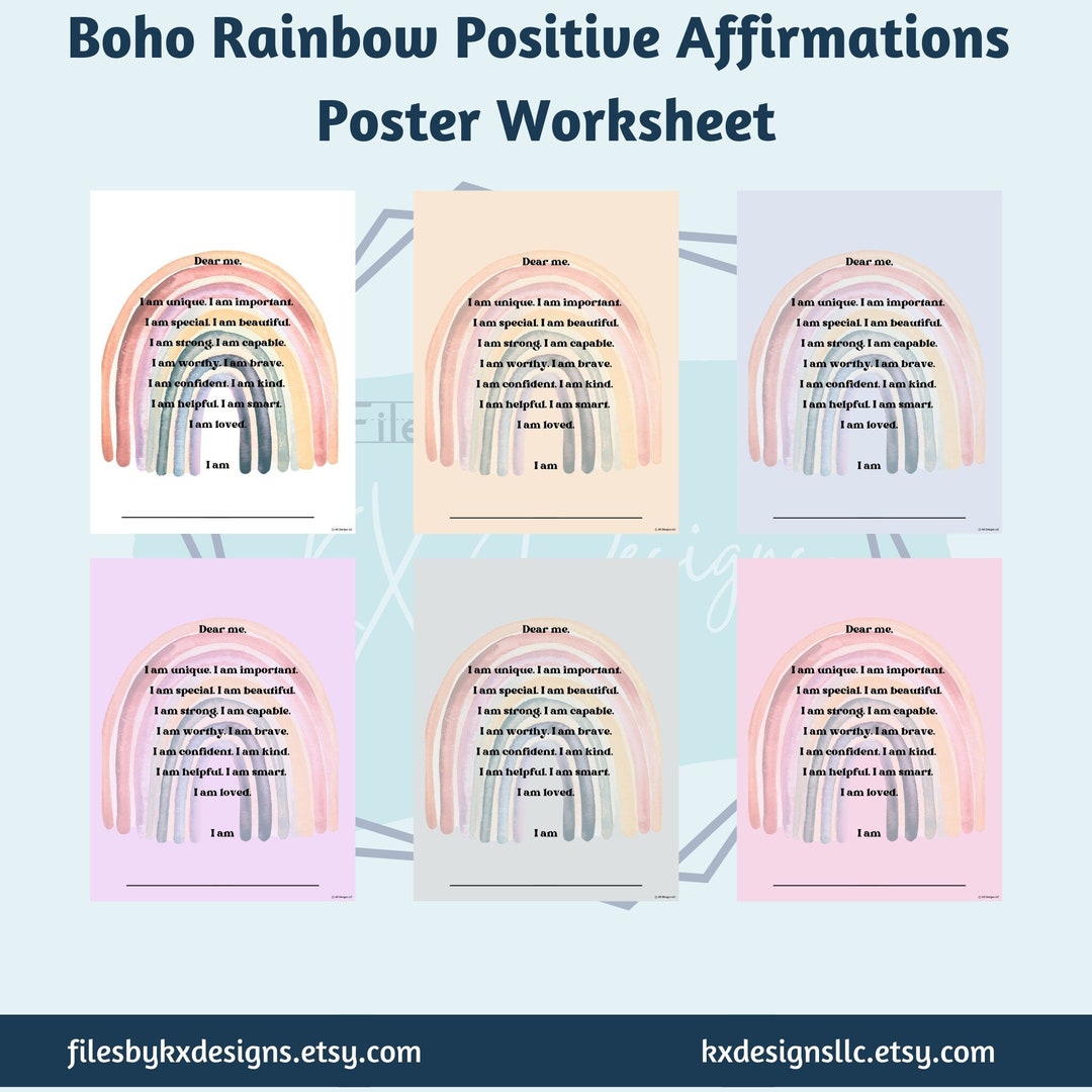 Positive Affirmations Poster Worksheet Boho Rainbow Super Bundle 17 ...
