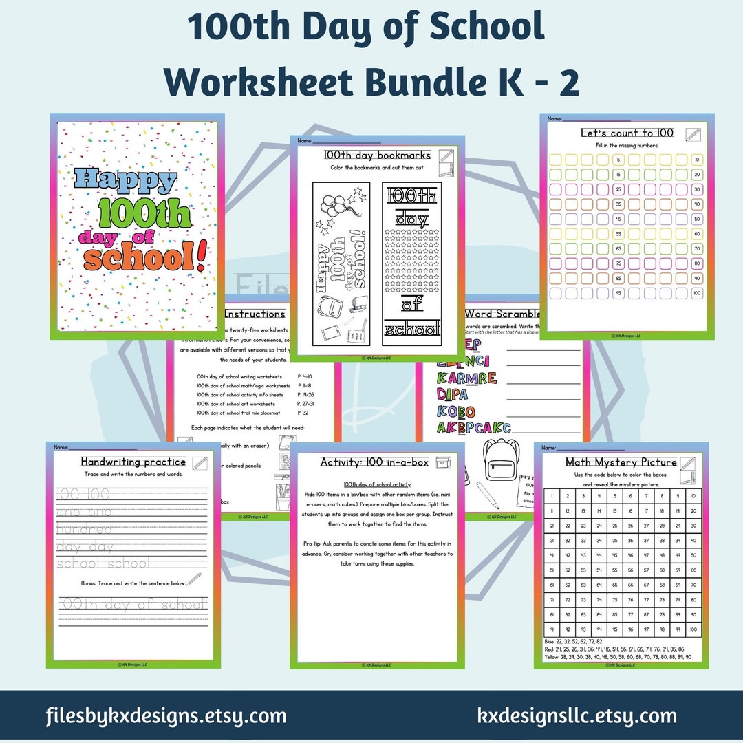 100th Day of School 32 Page Worksheet Bundle K-2 - Etsy