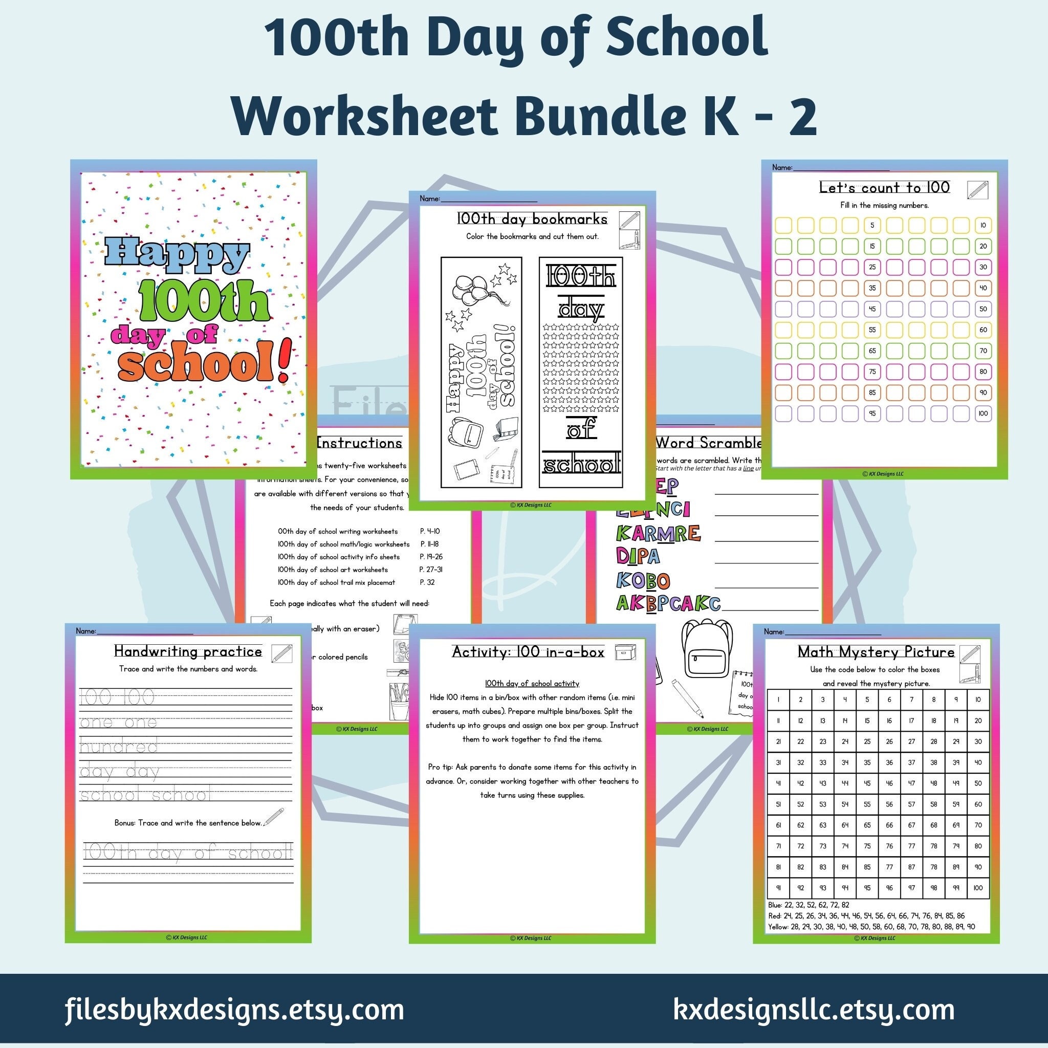 100th Day of School 32 Page Worksheet Bundle K-2 - Etsy