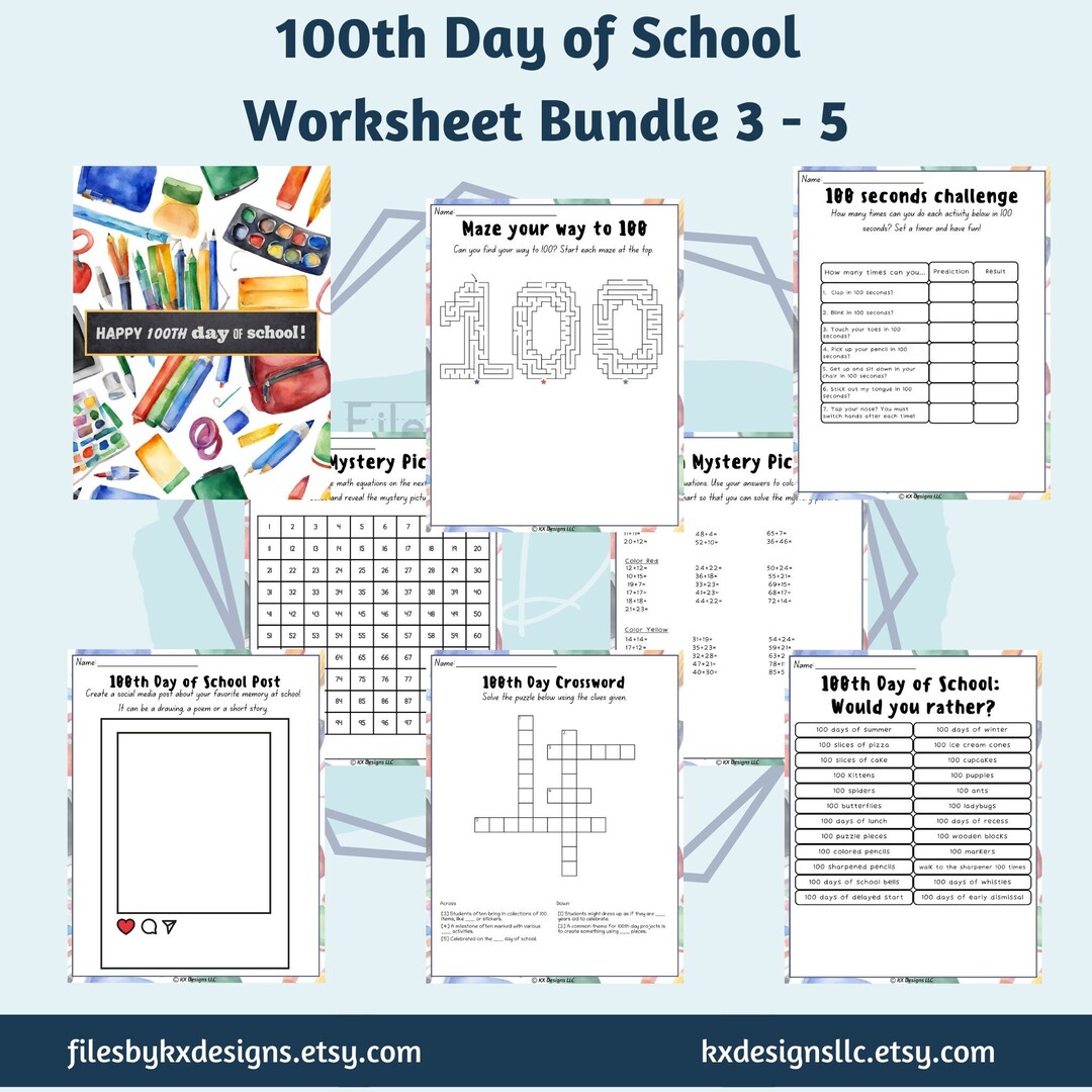 100th Day of School, 50 Page Super Worksheet Bundle Grades 3-5, Math ...