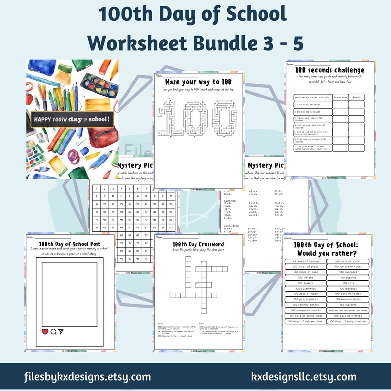 100th Day of School, 50 Page Super Worksheet Bundle Grades 3-5, Math ...