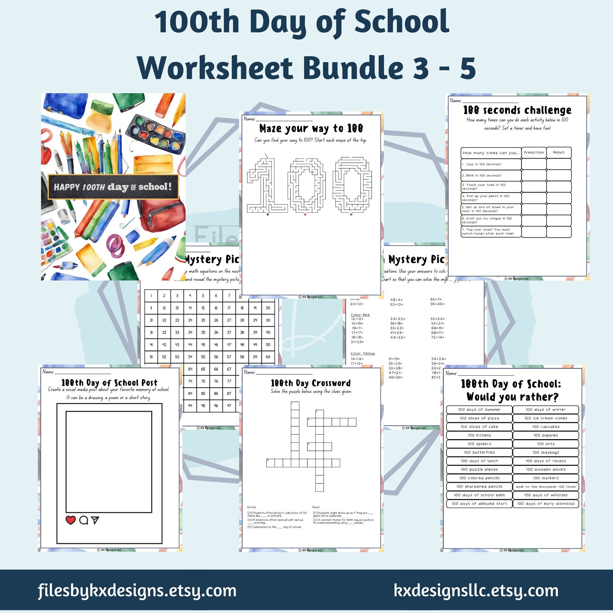 100th Day of School, 50 Page Super Worksheet Bundle Grades 3-5, Math ...