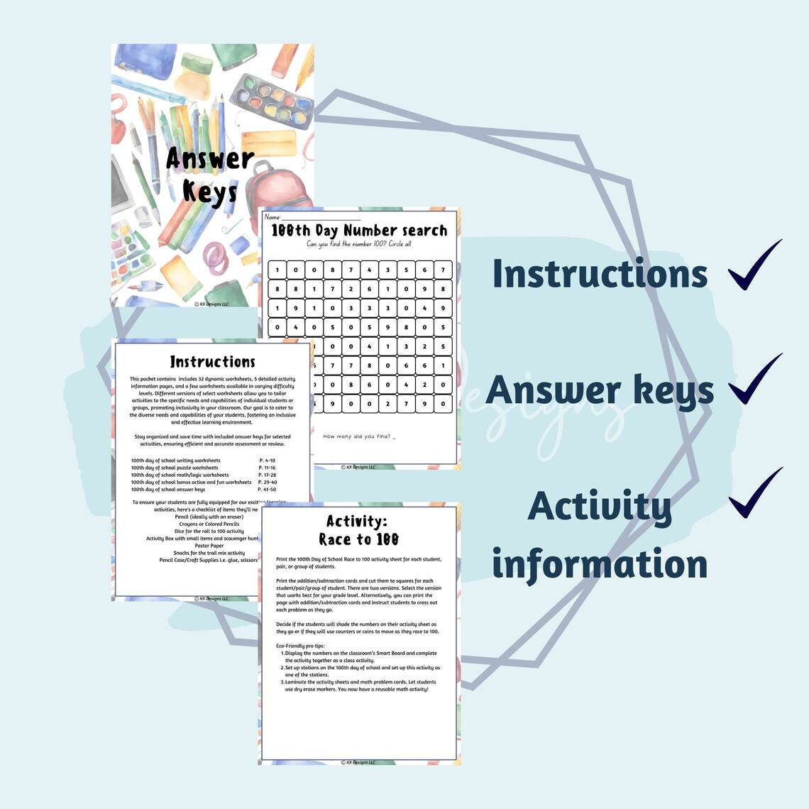 100th Day of School, 50 Page Super Worksheet Bundle Grades 3-5, Math ...