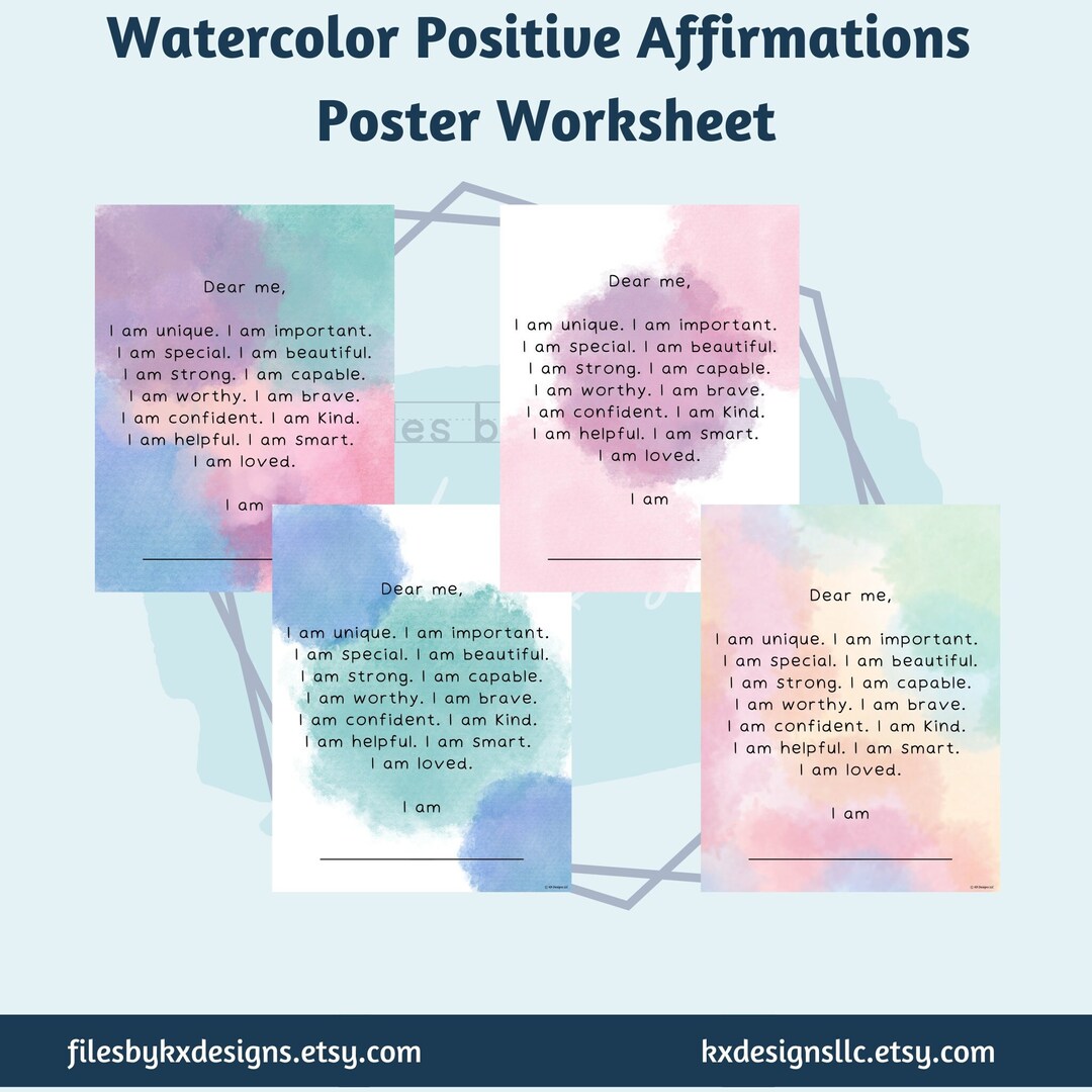 Positive Affirmations Poster Worksheet Watercolor 5 Pages Social ...