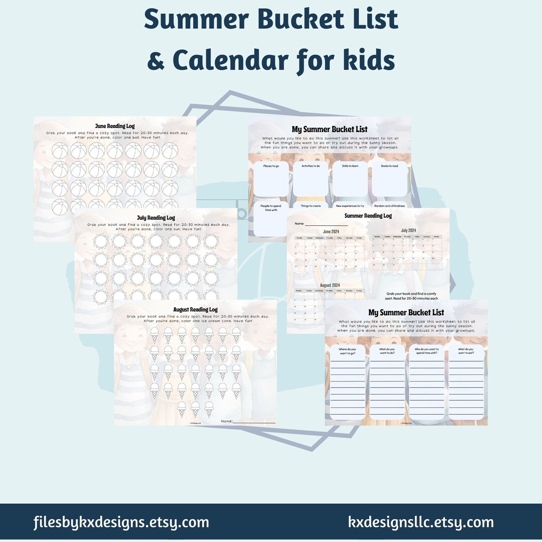 Summer Bucket List & Three Month Calendar for Kids, Reading Log ...