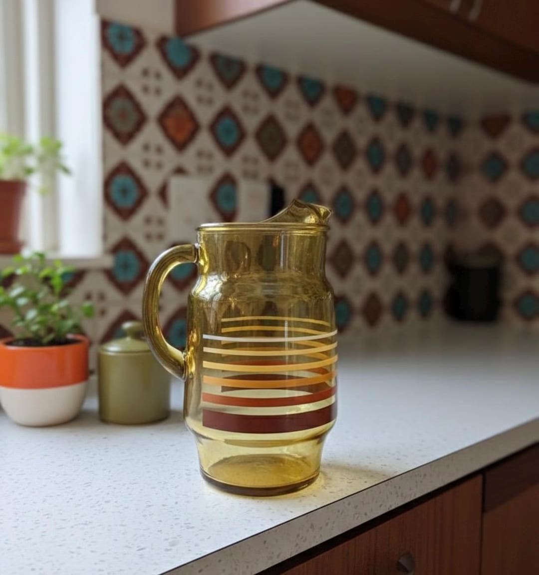 Vintage Amber Glass Pitcher – Retro 70s Striped Design – 1.3 Kg Quality ...