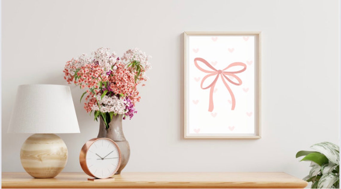Cute Coquette Bow Printable Wall Art | Flirty Pink Hearts Decor ...