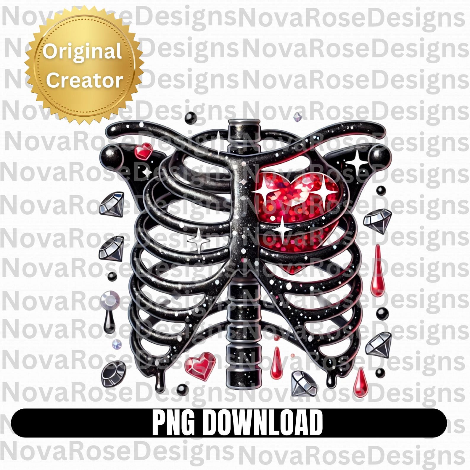 Diamond Black Rib Cage Red Heart Png, Black Ribs Png, Diamond’s Png ...