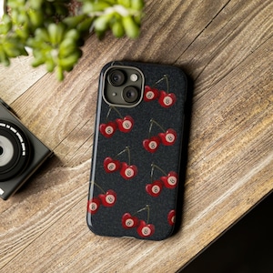 Cherry Ball Pattern Hand Painted Tough Phone Case in Black | iPhone 15 ...