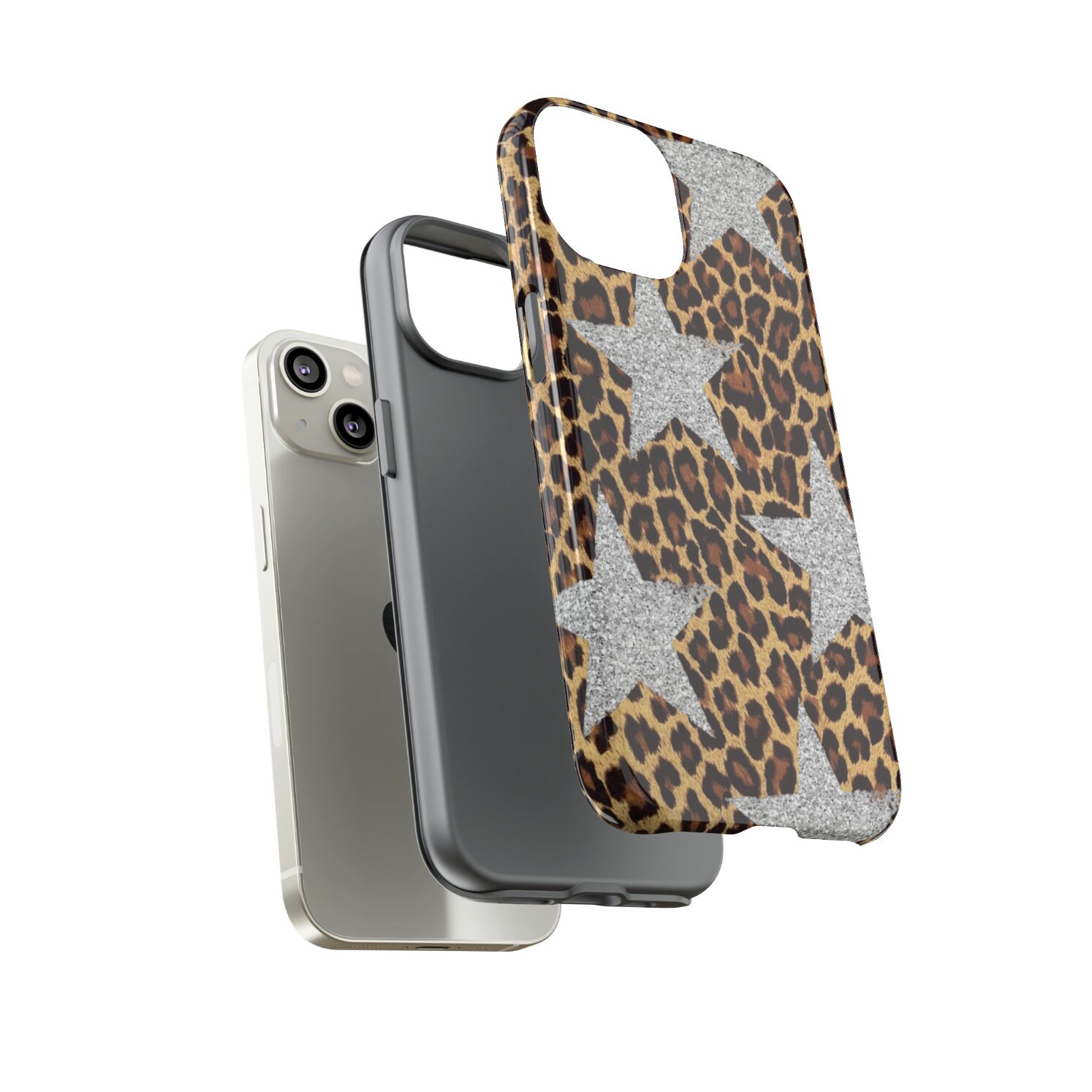 Leopard Print and Silver Star Phone Case iPhone 15/14/13/12/11 Pro Max ...