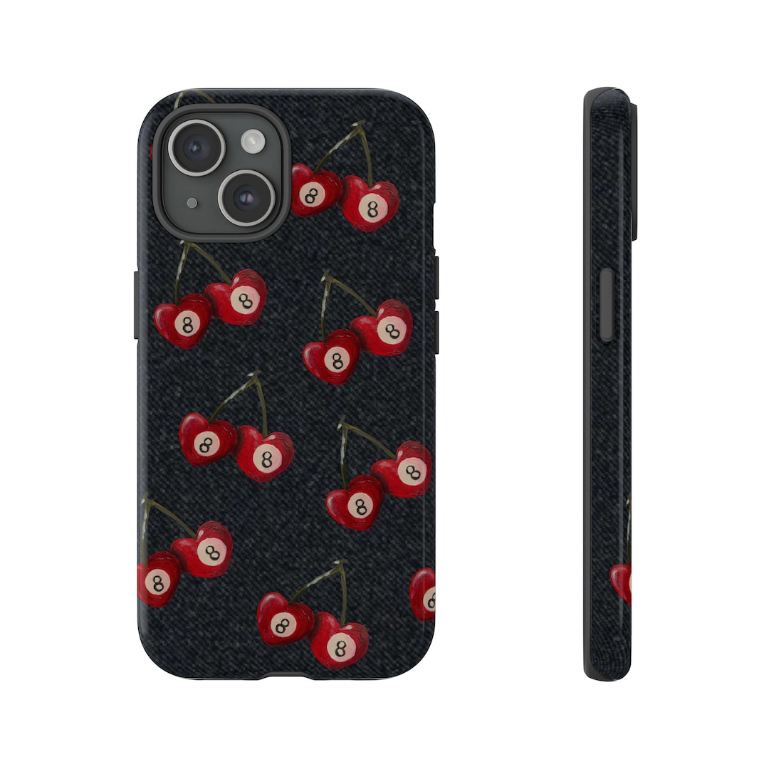 Cherry Ball Pattern Hand Painted Tough Phone Case in Black | iPhone 15 ...